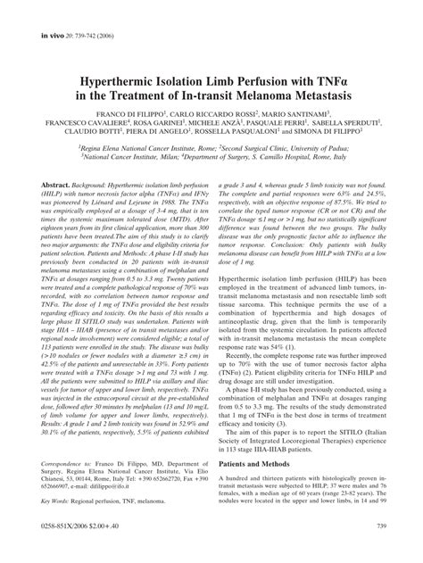 Pdf Hyperthermic Isolation Limb Perfusion With Tnfα In The Treatment