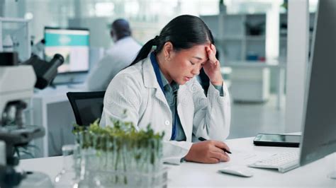 Science Stress And Woman With Plants Research Or Burnout In Medical Engineering Laboratory