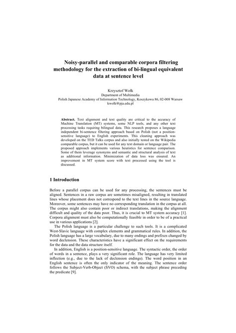 Pdf Noisy Parallel And Comparable Corpora Filtering Methodology For The Extraction Of Bi