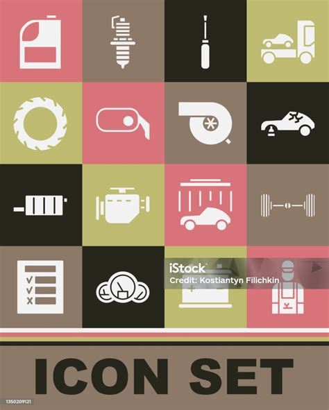 자동차 정비사 섀시 자동차 부서진 스크류드라이버 백미러 타이어 휠 모터 머신 오일 및 자동차 터보 차저 아이콘용 캐니스터 세트 벡터 가솔린에 대한 스톡 벡터 아트 및 기타