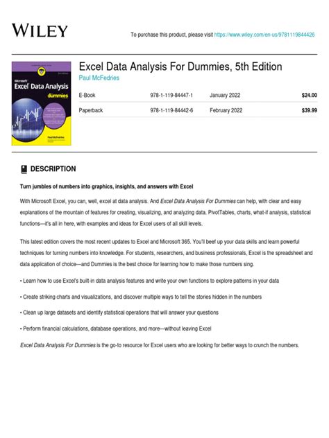 wiley excel data analysis for dummies 5th edition 978 1 119 84442