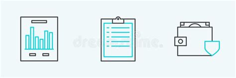 set line wallet and money with shield document graph chart and