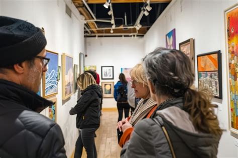 Group Of People Exploring An Art Gallery Observing And Discussing
