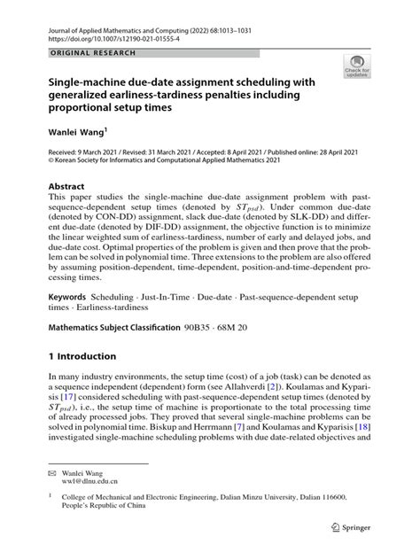 Wang 2022 Single Machine Due Date Assignment Scheduling With Pdf Time Complexity