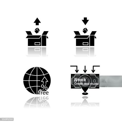 국제 무역 관세 세금 은 그림자 검은 글리프 아이콘 세트를 드롭 수출 및 수입 관세 비 관세 장벽 및 외국인 직접 투자 공백에