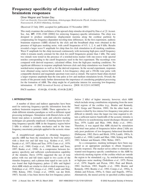 Pdf Frequency Specificity Of Chirp Evoked Auditory Brainstem Responses