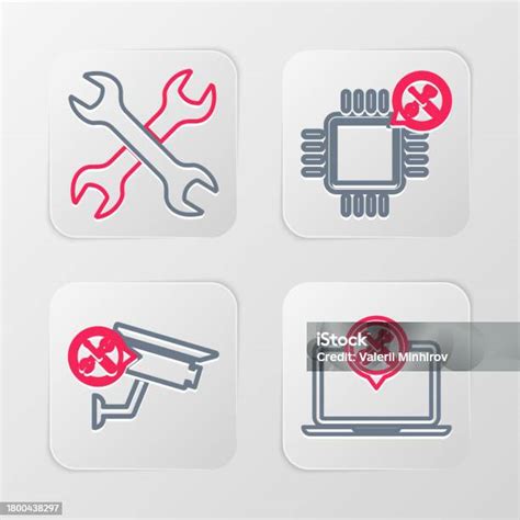 라인 노트북 서비스 보안 카메라 프로세서 및 교차 렌치 아이콘을 설정합니다 벡터 Cpu에 대한 스톡 벡터 아트 및 기타 이미지 Cpu 감시 나사돌리개 Istock