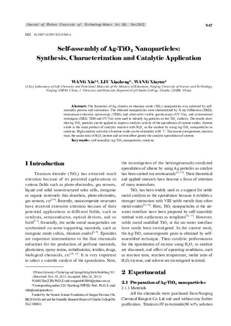 Pdf Self Assembly Of Ag Tio2 Nanoparticles Synthesis Characterization And Catalytic Application