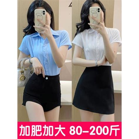 大碼藍色短袖襯衫女夏季薄款v領通勤職業正裝工作服襯衣寸衫胖mm襯衫etmall東森購物網