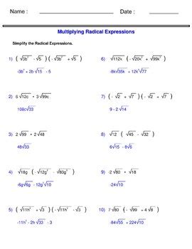 Radicals Worksheets Multiplying Radical Expressions Worksheets By MATH LAMSA