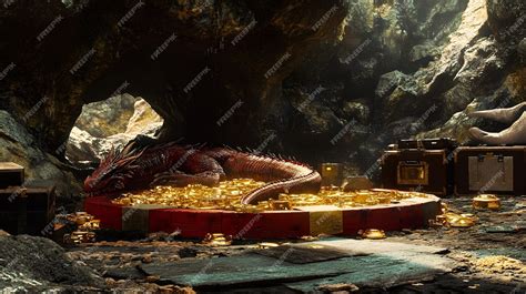 A Massive Dragon Curled Around A Treasure Hoard In A Cavern Premium