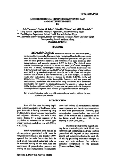 Pdf Microbiological Characterization Of Raw And Pasteurized Milk