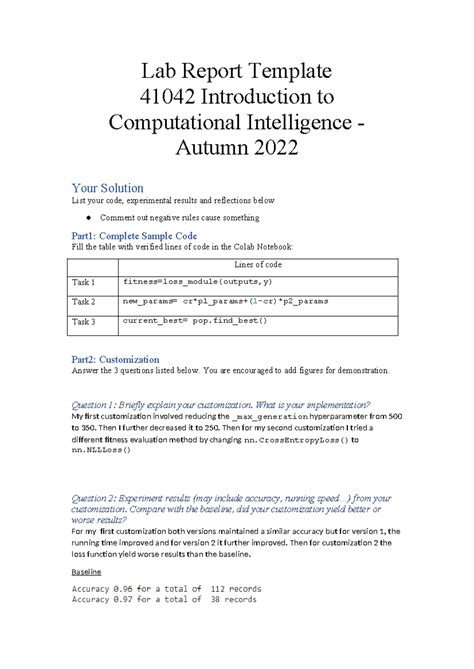 Lab Lab Report Lab Report Template Introduction To Computational Intelligence Autumn
