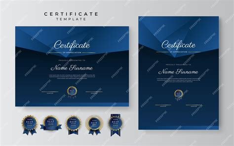 감사장 템플릿 금색과 파란색 금색 배지가 있는 깨끗한 현대 인증서 고급스럽고 현대적인 라인 패턴이 있는 인증서 테두리 템플릿 졸업장 벡터 템플릿 프리미엄 벡터
