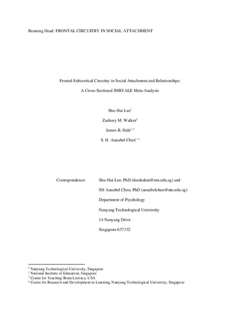 Pdf Frontal Subcortical Circuitry In Social Attachment And Relationships A Cross Sectional