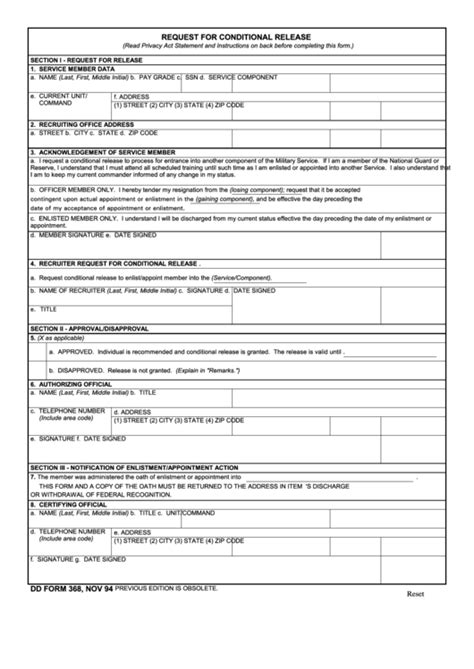 Fillable Dd Form 368 Request For Conditional Release Printable Pdf Download