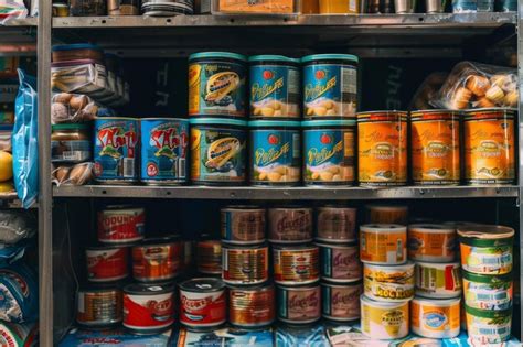 A Closeup View Of A Shelf Stacked With Various Canned Goods And