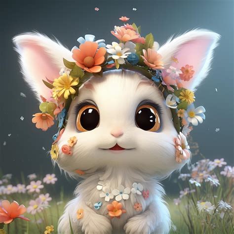 Premium Photo 3d Rendered Cute Cartoon Bunny With A Flower Crown On