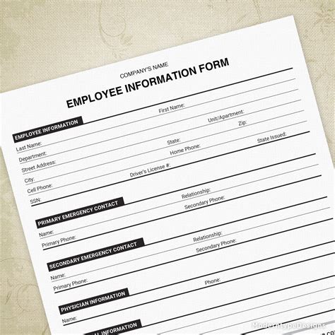 Employee Information Printable Form New Hire Sheet Digital File Free
