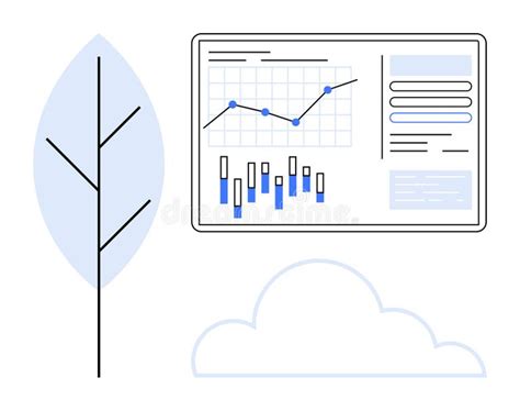 Data Analytics Dashboard With Graphs And Charts Next To Minimalist Tree And Cloud Stock Vector