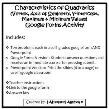 Quadratics Characteristics Google Form Quiz Practice By Absolute Algebra