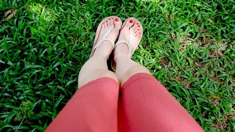 아름다움과 패션 컨셉 녹색 잔디 배경에 서 있는 골드 샌들 신발과 빨간 손톱을 입고 셀카 발 상단 보기 여자는 다리와 발입니다 가냘픈에 대한 스톡 사진 및 기타 이미지