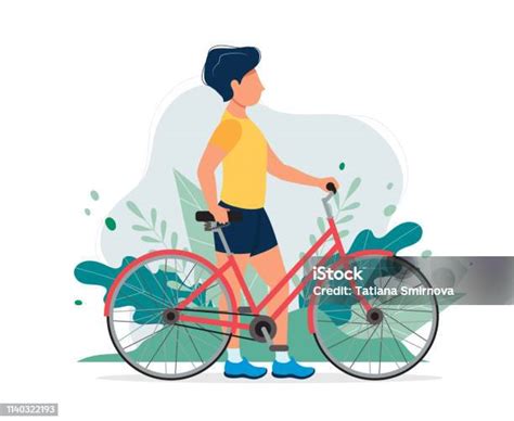 공원에서 자전거를 가진 행복 한 사람 평면 스타일 건강 한 라이프 스타일 스포츠 운동에 대 한 개념 그림에서 벡터 일러스트 레이