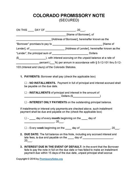 Editable Colorado Secured Promissory Note Template Promissory Notes Promissory Note With