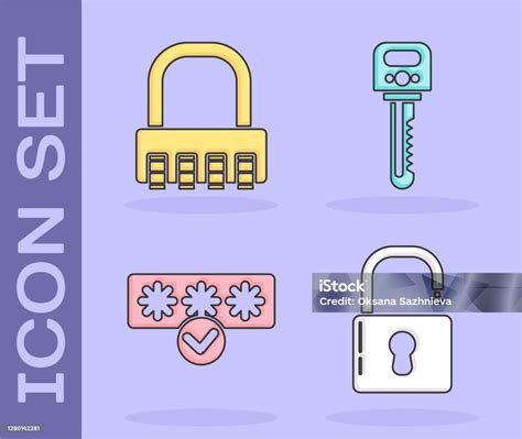 Set Open Padlock Safe Combination Lock Password Protection And Safety Access And Key Icon Vector