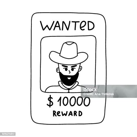 손으로 그린 윤곽선이 있는 카우보이가 있는 수배 포스터의 낙서 보상이 있는 빈티지 서부 배너의 간단한 낙서 무법자는 죽거나 살기를 원했습니다 포스터 와일드 웨스트 미국