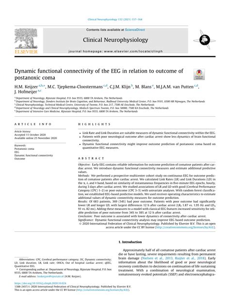 Pdf Dynamic Functional Connectivity Of The Eeg In Relation To Outcome Of Postanoxic Coma
