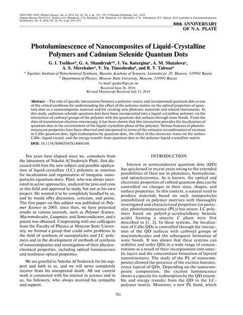Pdf Photoluminescence Of Nanocomposites Of Liquid Crystalline Polymers And Cadmium Selenide