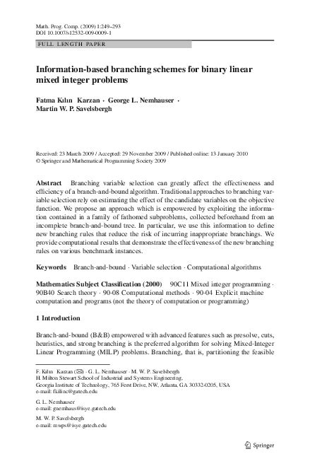 Pdf Information Based Branching Schemes For Binary Linear Mixed