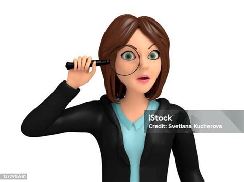 만화 캐릭터 여성은 돋보기를 통해 놀라움과 관심으로 보인다 연구 개념 3d 렌더 3차원 형태에 대한 스톡 사진 및 기타 이미지 3차원 형태 루페 사람들 Istock