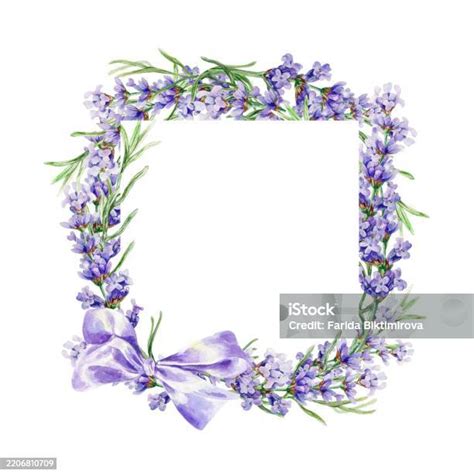 라벤더 프레임 사각형 새틴 리본이 달린 보라색 꽃의 가지 손으로 그린 수채화 그림이 흰색에 고립되어 있습니다 인사말 카드 청첩장