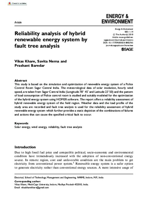 Pdf Reliability Analysis Of Hybrid Renewable Energy System By Fault Tree Analysis