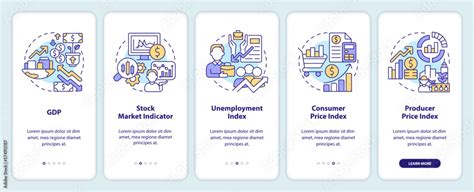 Economic Indicators Onboarding Mobile App Screen Analytics Walkthrough 3 Steps Editable Graphic