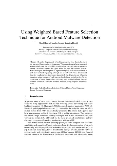 Pdf Using Weighted Based Feature Selection Technique For Android Malware Detection