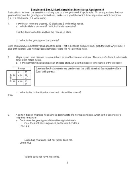 Simple And Sex Linked Mendelian Inheritance Activity Familia Simple