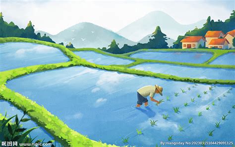 卡通农民田野插秧