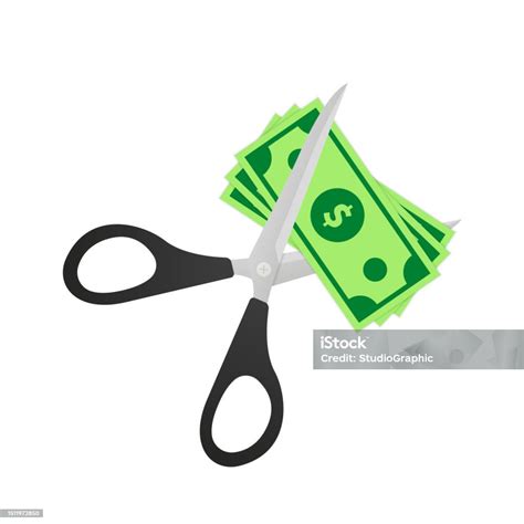 플랫 스타일로 돈 벡터를 자르는 가위 가격 비용 절감 또는 가격 인하 아이콘 개념입니다 플랫 스타일로 돈을 줄입니다 달러 기호가 있는 가위와 지폐 벡터 그림 2명에 대한