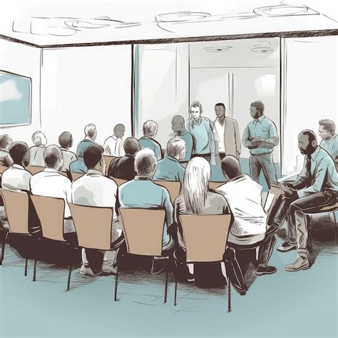Desenho De Uma Sala De Reunião Com Pessoas Sentadas Ao Redor De Uma