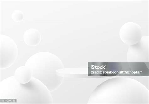 추상적인 3d 흰색 실린더 받침대 연단 배경에는 깨끗한 벽 장면에 바운스 구체 공이 있습니다 최소한의 모형 또는 제품 디스플레이