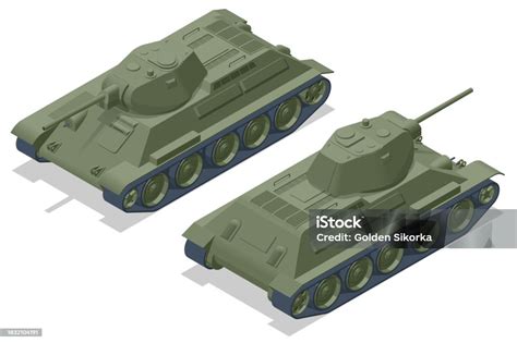 아이소 메트릭 탱크 소련 중형 탱크 T34 T76 강력한 화력으로 최전선 전투를 위해 설계된 장갑 전투 차량 3차원 형태에 대한