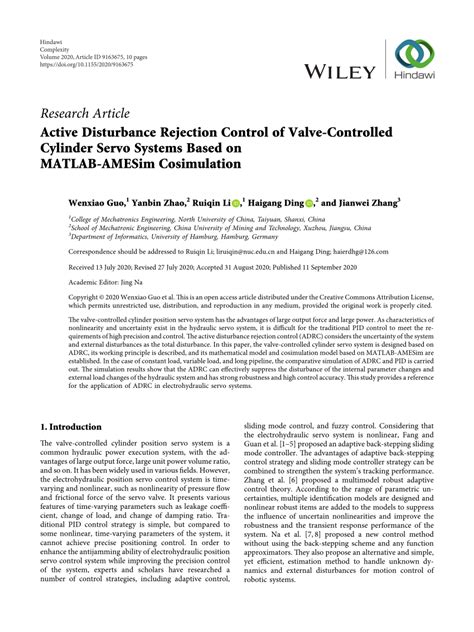 Pdf Active Disturbance Rejection Control Of Valve Controlled Cylinder Servo Systems Based On