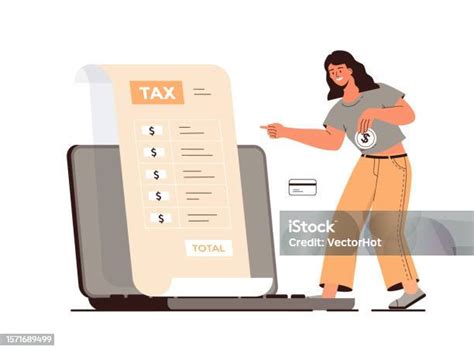 온라인 세금 납부 벡터 그림입니다 정부 과세 개념입니다 세금 계산 소득세 환급 개인 금융 계좌 여성은 노트북을 통해 웹 사이트 양식에서 온라인으로 세금 청구서를 지불합니다