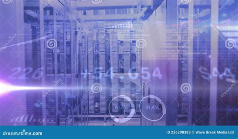 Animation Of Data Processing And Diagrams Over Server Room Stock