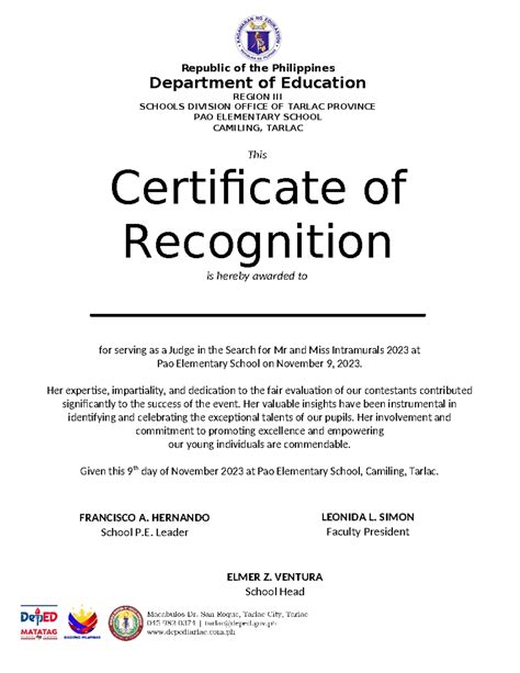 Certificate Of Recognition As Judge During Mr And Miss Intrams Republic Of The Philippines