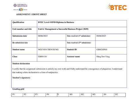 5039 Assignment 1 Frontsheet Nguyen Tien Dung Assignment 1 Front Sheet Qualification Btec