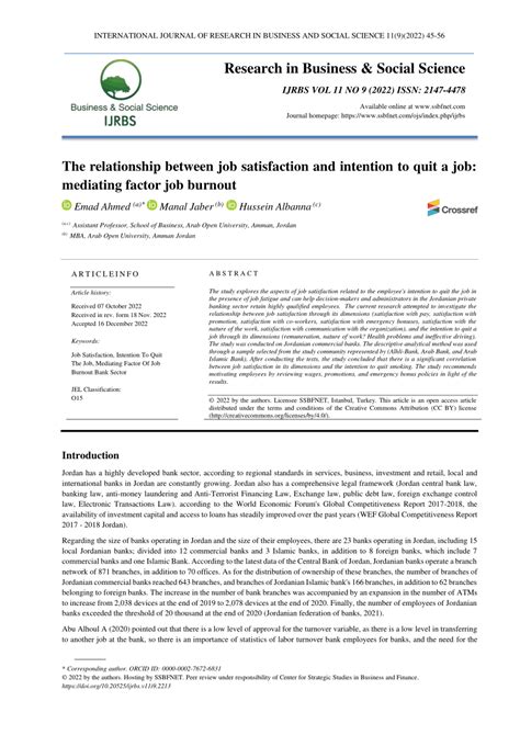 Pdf The Relationship Between Job Satisfaction And Intention To Quit A Job Mediating Factor